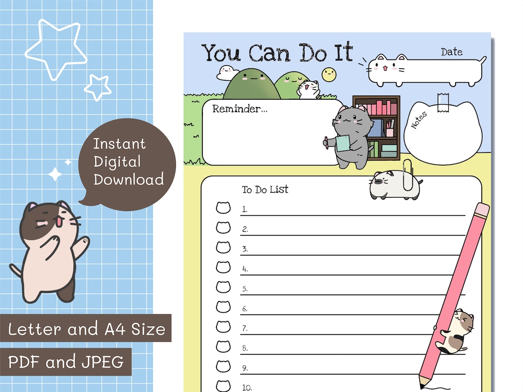 Cute Cat to Do List | Kawaii Cat to Do List | Instant Digital Download ...