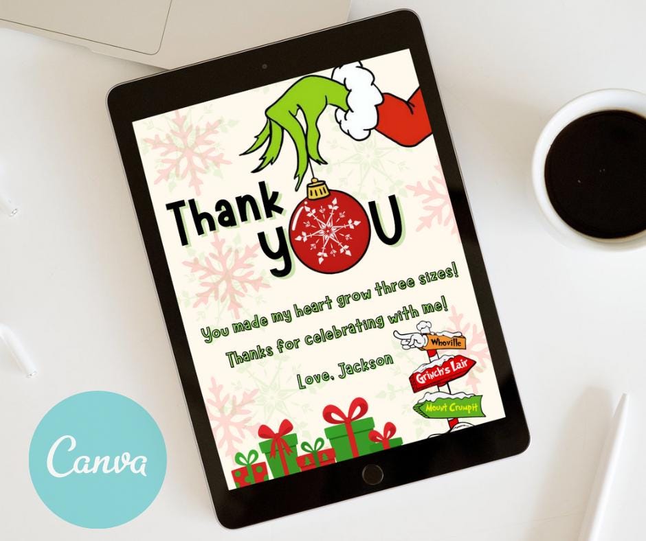 Grinch Christmas Thank You Card, Editable Holiday Note (digital ...