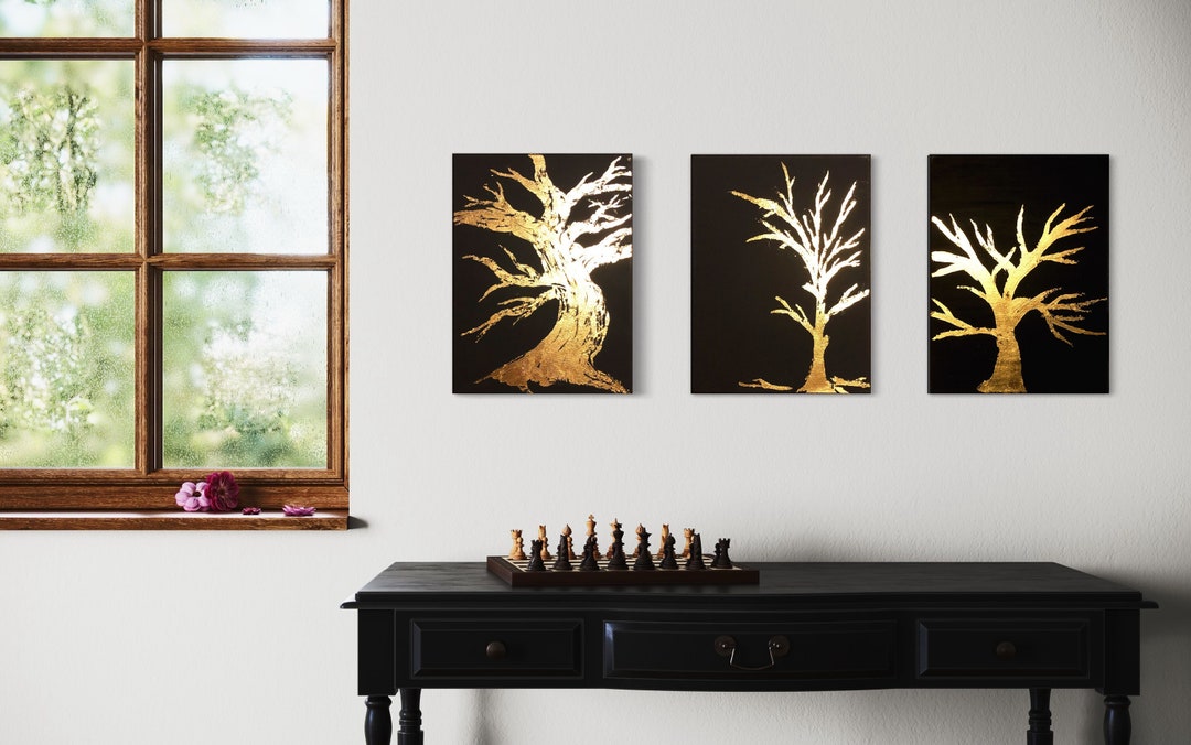 Original Art - Gold Leaf Trees on Black Canvas for Cancer Research - Etsy