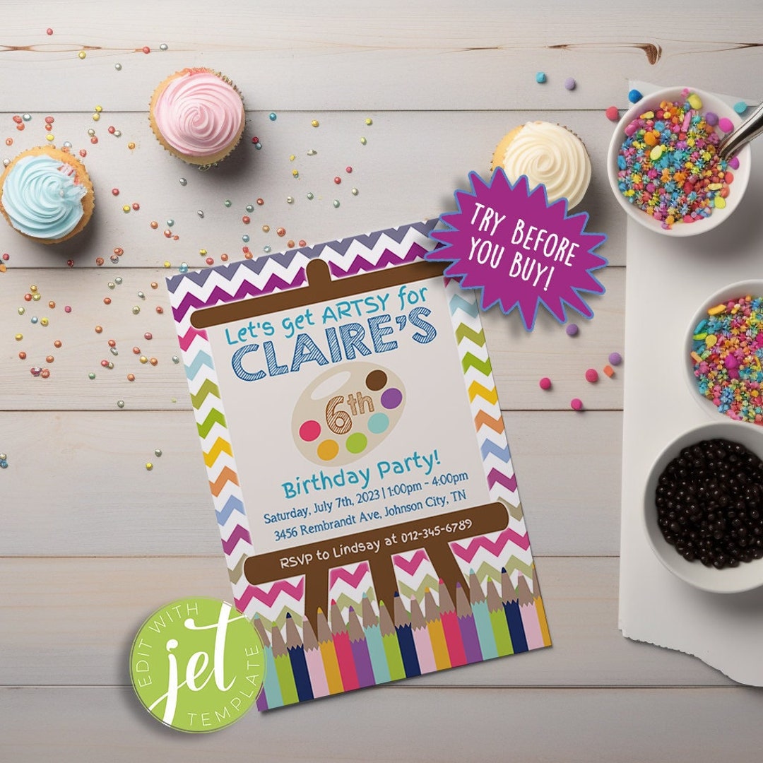 Editable Art Birthday Invitation Artsy Birthday Art Party Editable ...