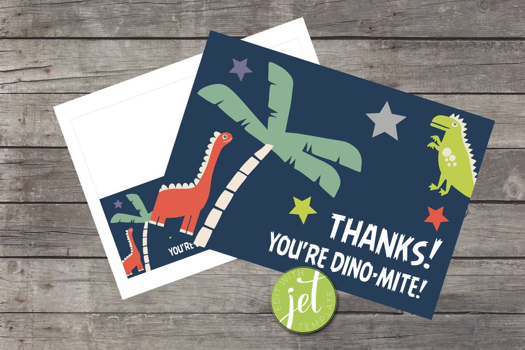 Dinosaurs Thank You Card Editable Template Foldable Birthday Invite ...