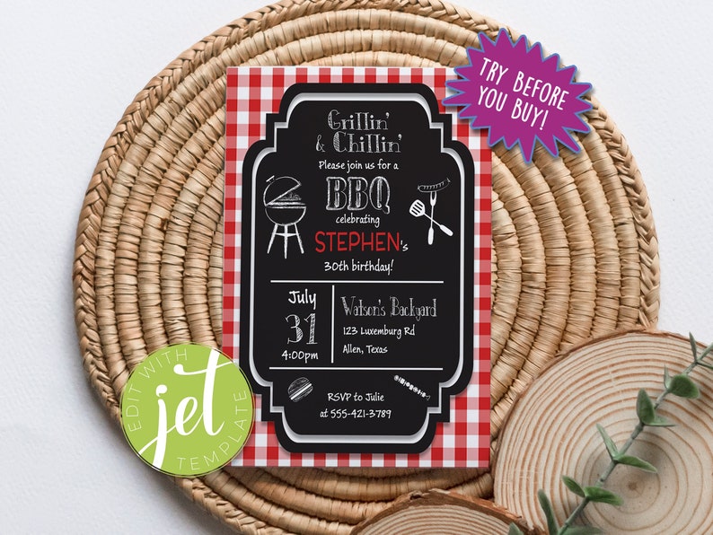 Editable BBQ Birthday Invitation Adult Backyard Barbecue Cookout Party ...