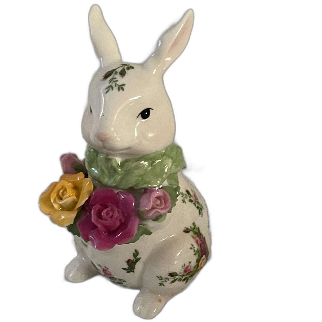 Vintage Old Country Roses Royal Albert Lidded Bunny Rabbit Rose Trinket ...