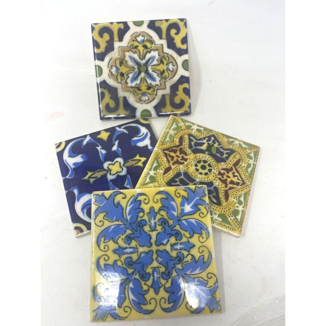 Vintage Decorative 4" SEASA Mexican Spanish Accent Tiles SET OF 4 Blue ...
