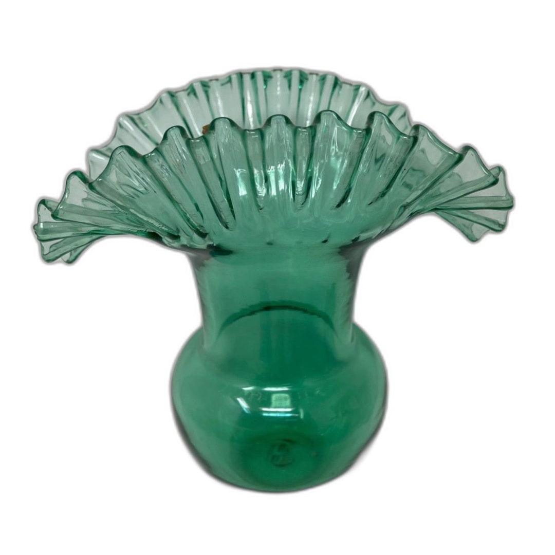 Vintage Blenko 390 Art Glass Crimped Edge Ruffled Emerald Green Vase ...