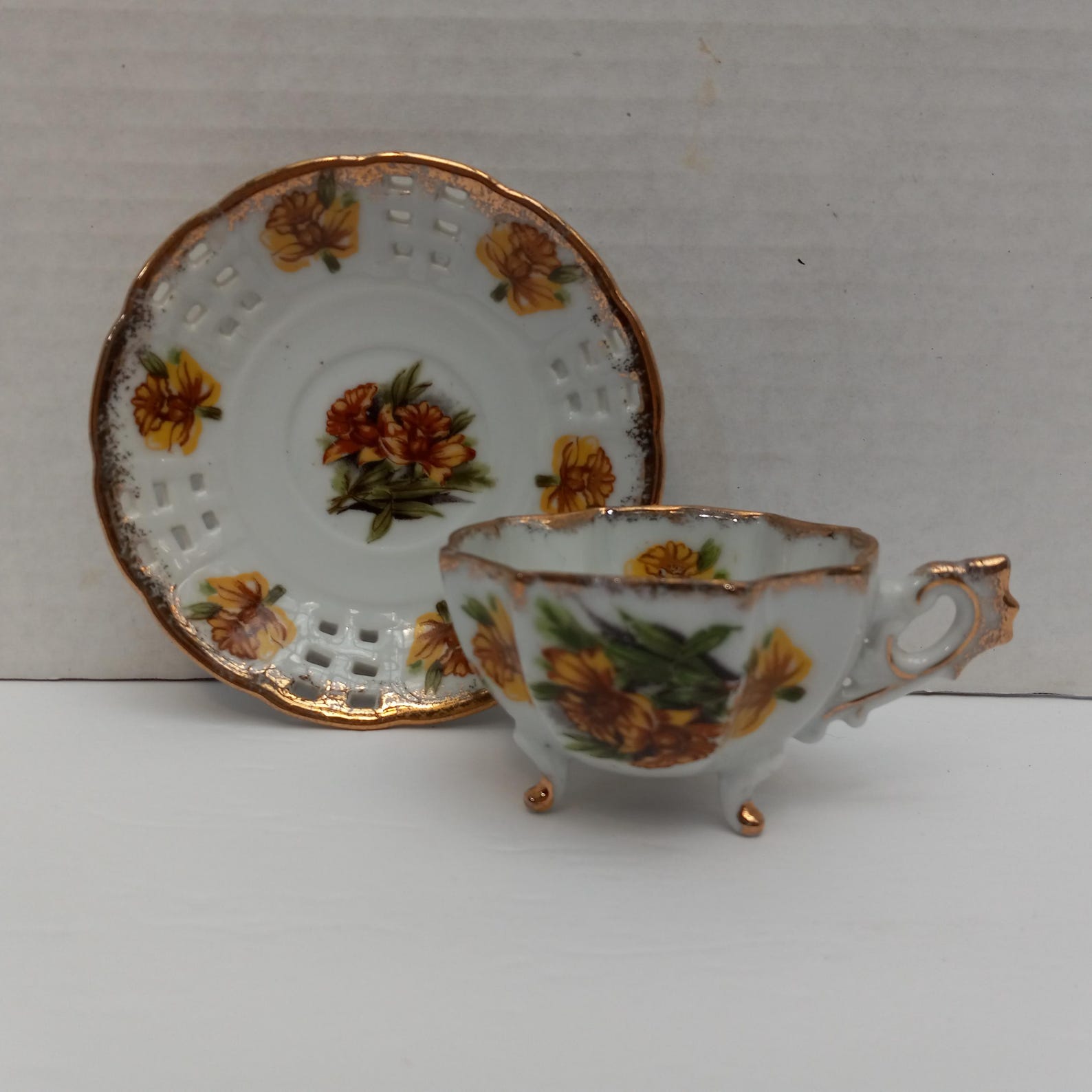 Vintage Trimont Ware Japan Three Footed Tea Cup Lattice Saucer Yellow ...