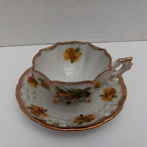 Vintage Trimont Ware Japan Three Footed Tea Cup Lattice Saucer Yellow ...