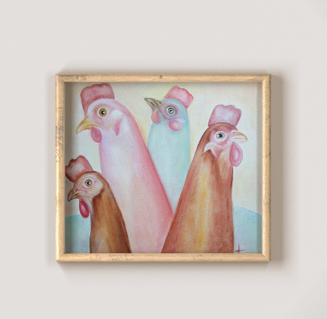 Hens Portrait Oil Painting. Rural Home Style Original Artwork. Hens ...