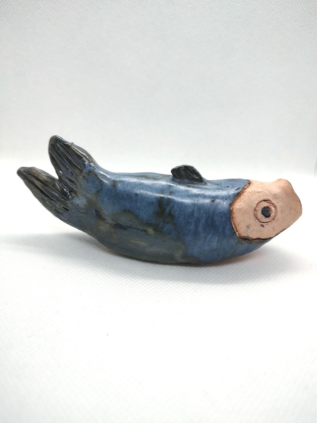Hand Built Blue Fish Figurine Made of Clay. Glazed Small Ceramic Fish ...