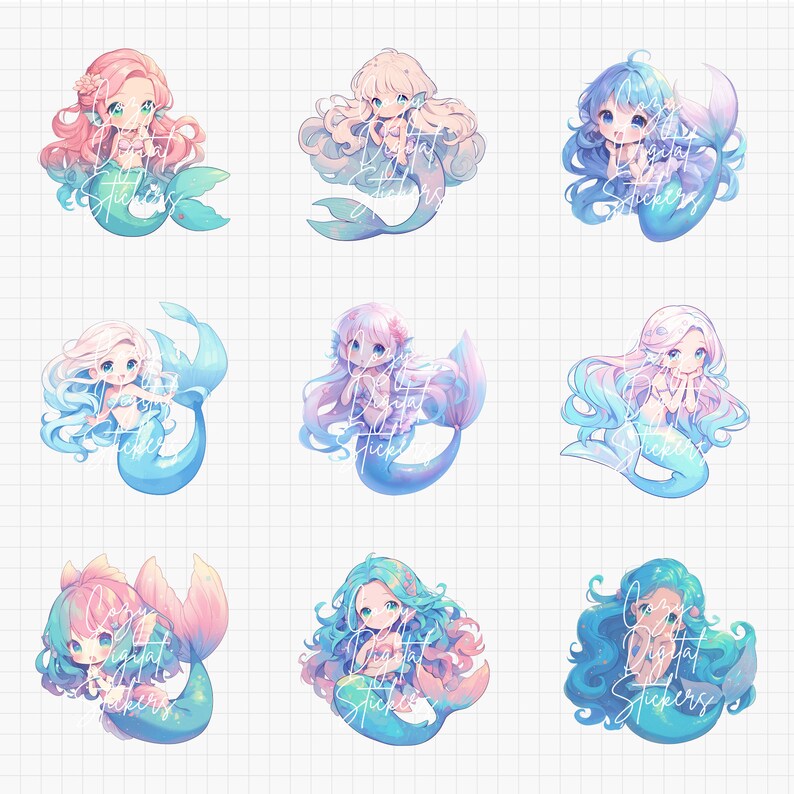 Chibi Mermaid Clipart: Blue and Pink Mermaids | Mermaid Digital Sticker ...