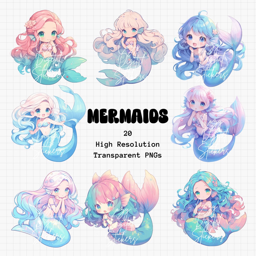 Chibi Mermaid Clipart: Blue and Pink Mermaids | Mermaid Digital Sticker ...