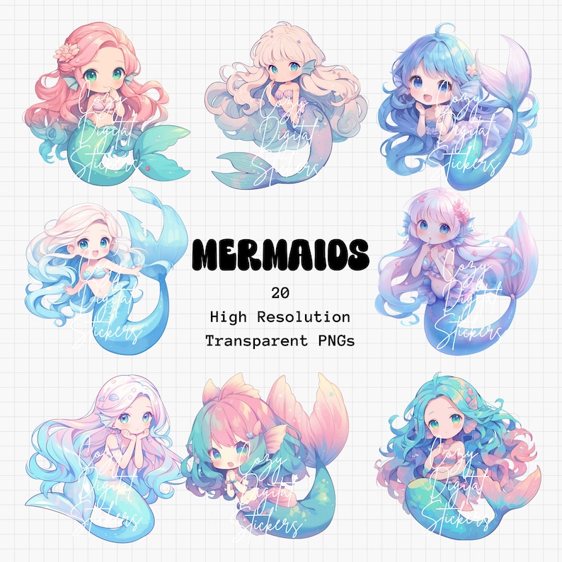 Chibi Mermaid Clipart: Blue and Pink Mermaids | Mermaid Digital Sticker ...