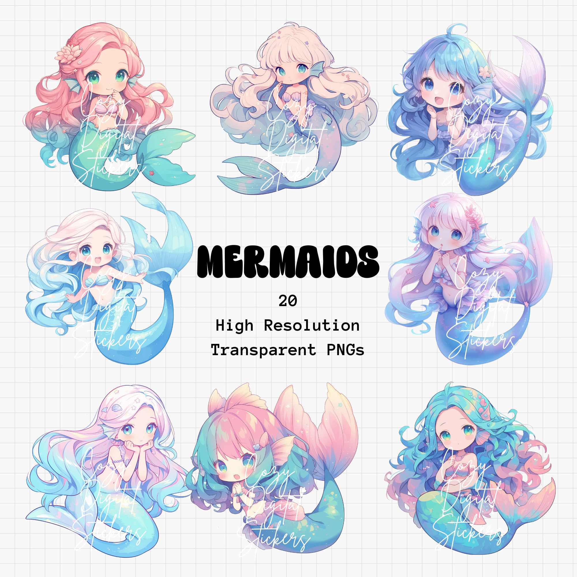 Chibi Mermaid Clipart: Blue and Pink Mermaids Mermaid Digital Sticker ...