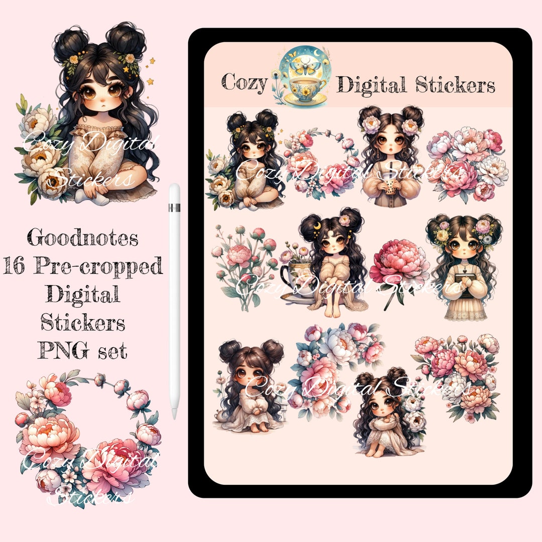 Chibi Girl With Peonies Digital Stickers - Floral-themed Stickers for ...