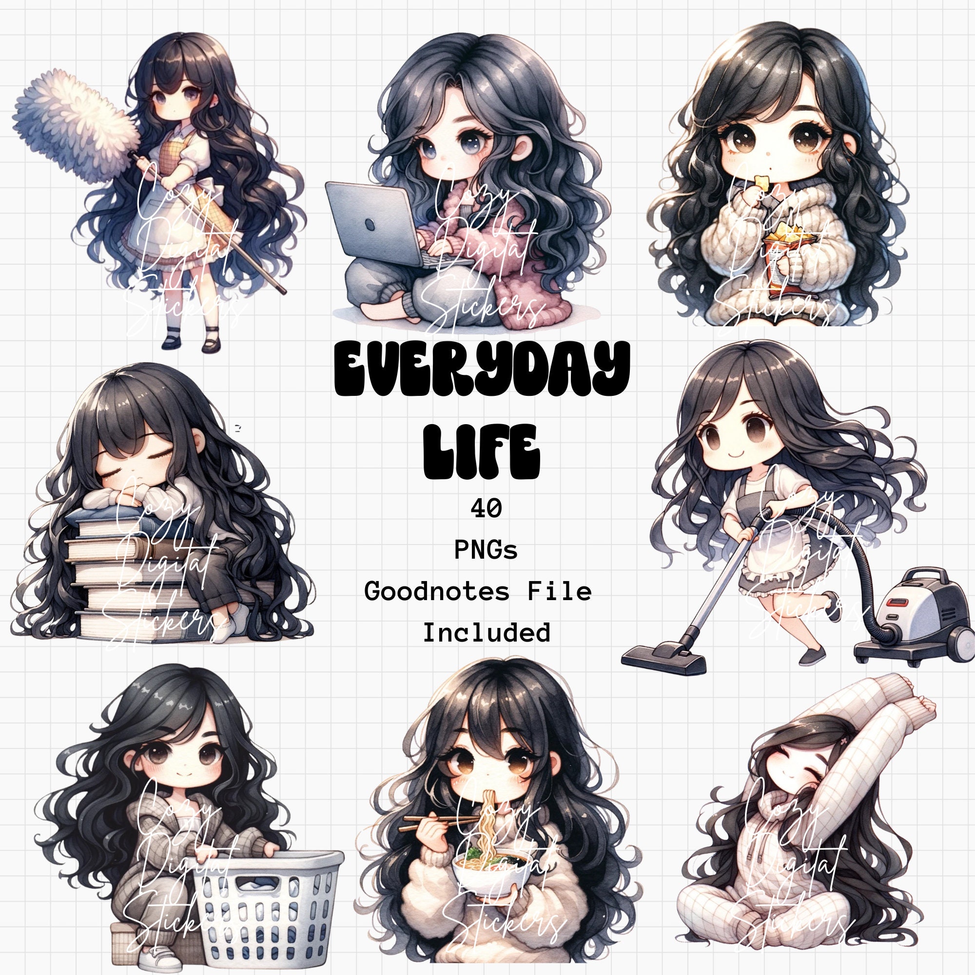 Cozy Chibi Girl Goodnotes Digital Stickers and PNG Clipart Bundle Chibi ...
