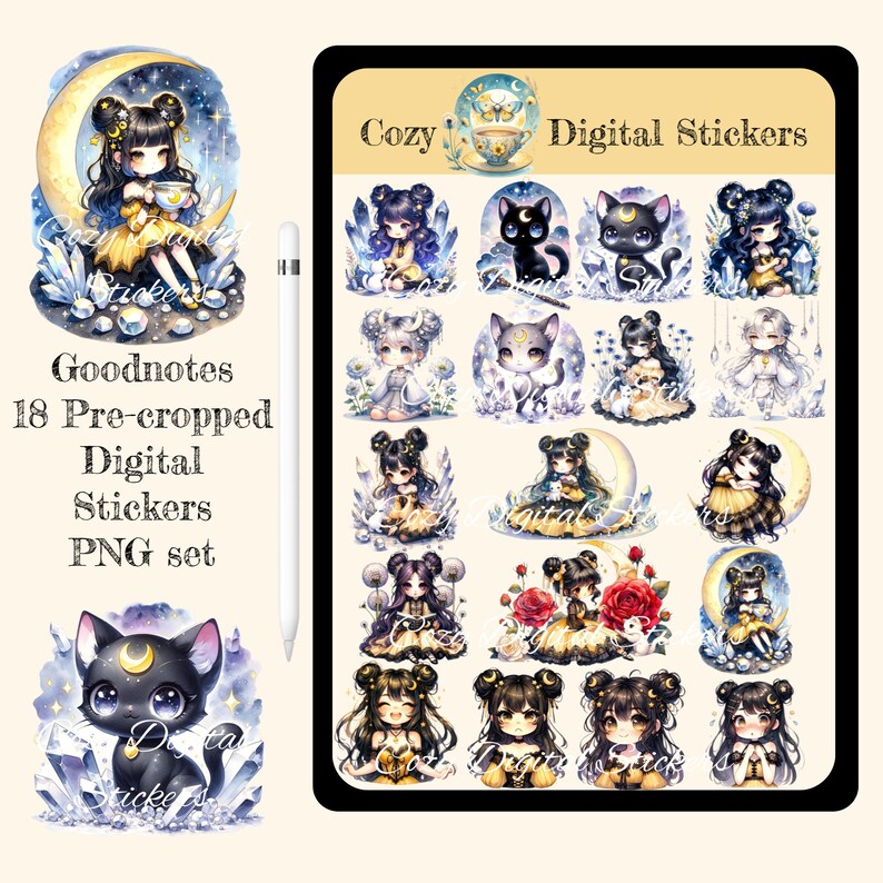 Moon Inspired Chibi Clipart Digital Stickers Moon and Star Themed ...