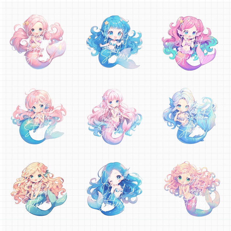 Chibi Mermaid Clipart: Blue and Pink Mermaids | Mermaid Digital Sticker ...