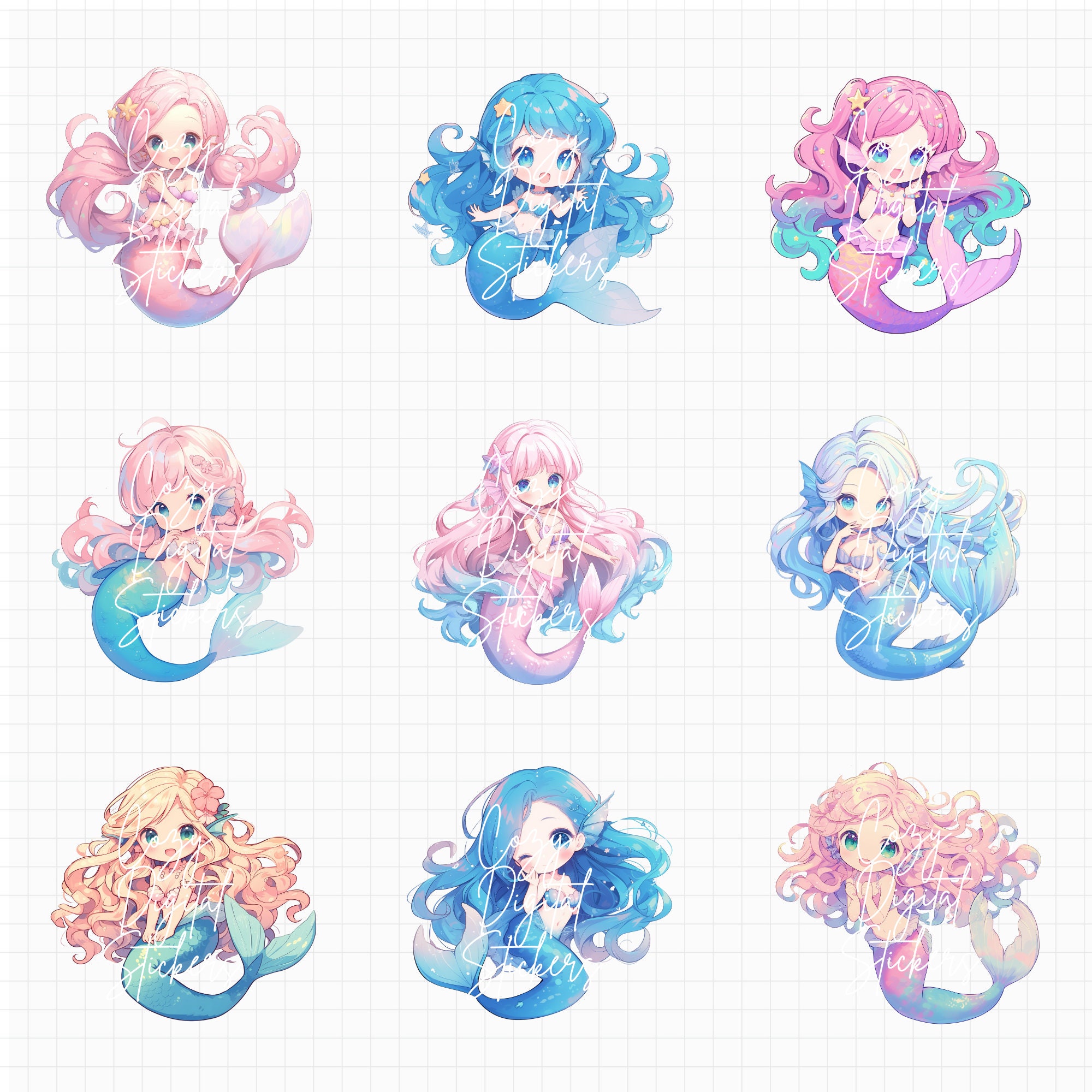 Chibi Mermaid Clipart: Blue and Pink Mermaids Mermaid Digital Sticker ...