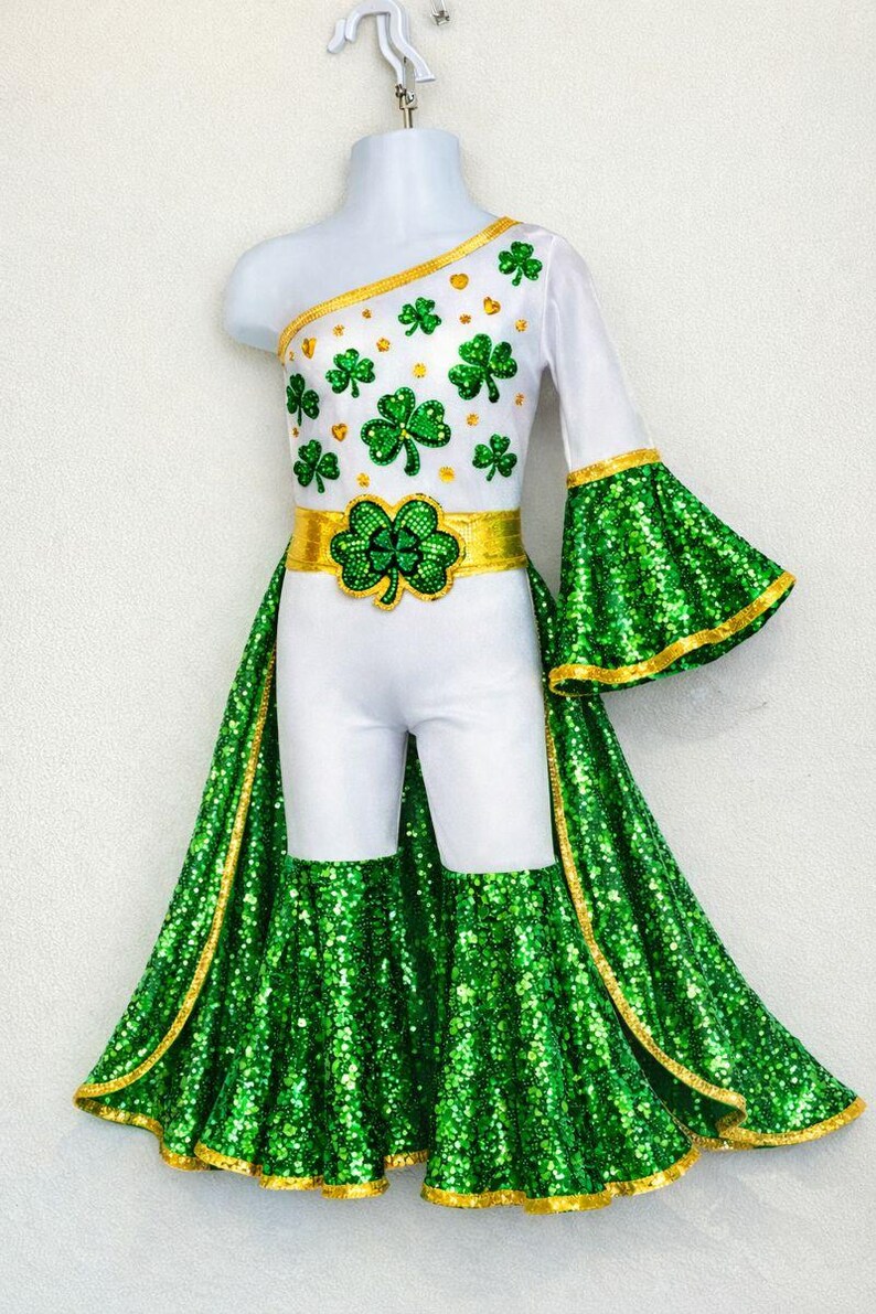 Lucky Charm Royale Shamrock Jumpsuit With Sequin Bell Bottoms & Train ...