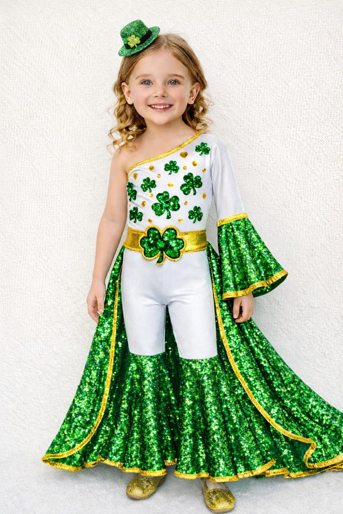 Lucky Charm Royale Shamrock Jumpsuit With Sequin Bell Bottoms & Train ...