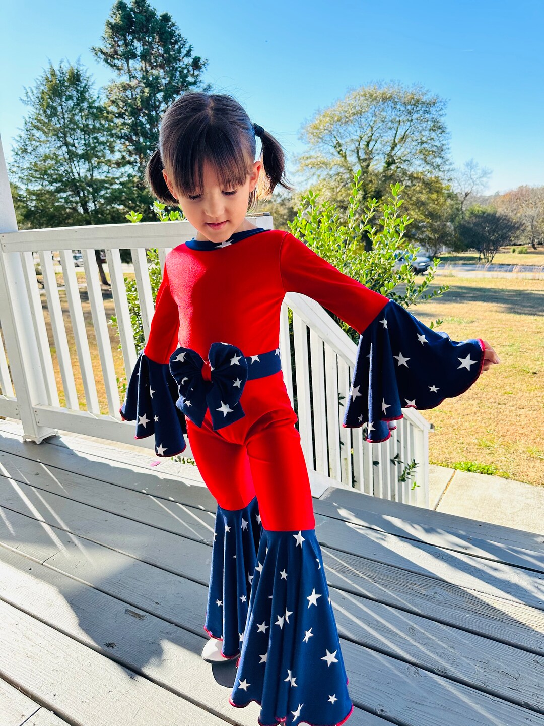 Patriotic Jumpsuit With Bell Sleeves & Bottoms, Matching Belt. Wrist ...