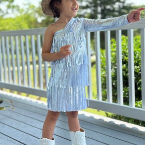 Disco Electric Cowgirl Boho Chic Rodeo Ready One Shoulder Fringe Dress ...