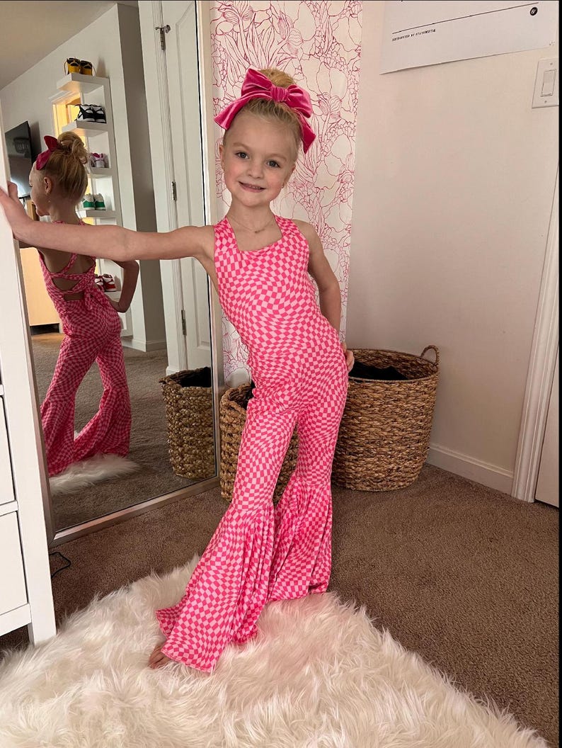 Pink Dizzy Checker Flare Bell Bottom Jumpsuit – Sizes Infant to Juniors ...