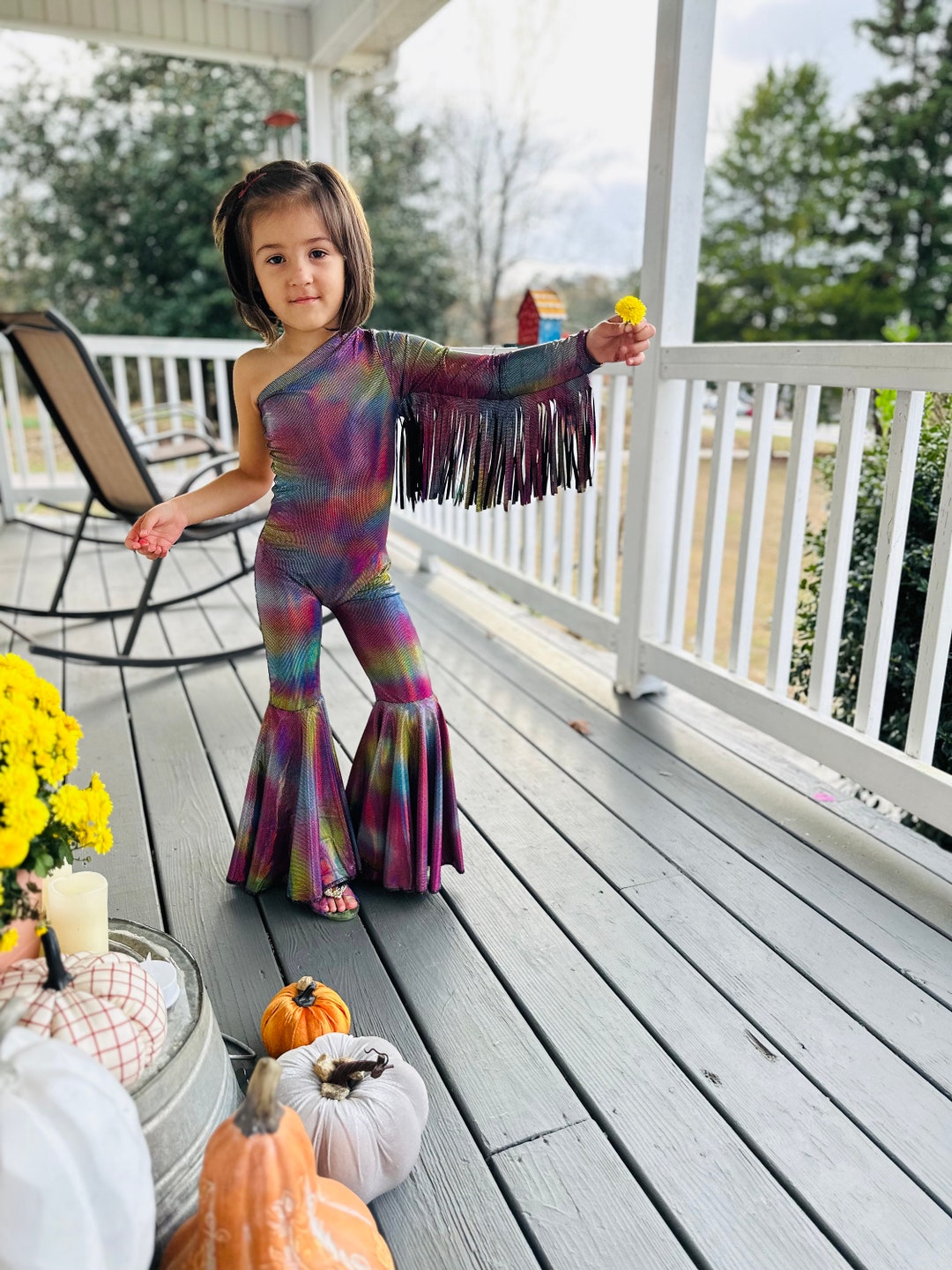 Boogie Nights Iridescent Rainbow Fringe Jumpsuit|one-shoulder Bell ...