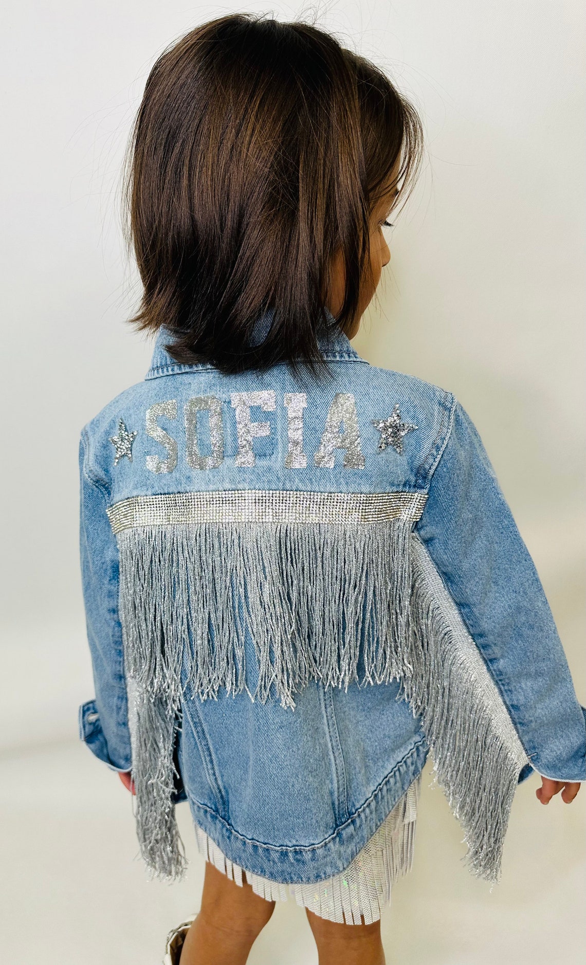 Custom Starlight Fringe Denim Jacket - Tailored Name Embellishment for ...