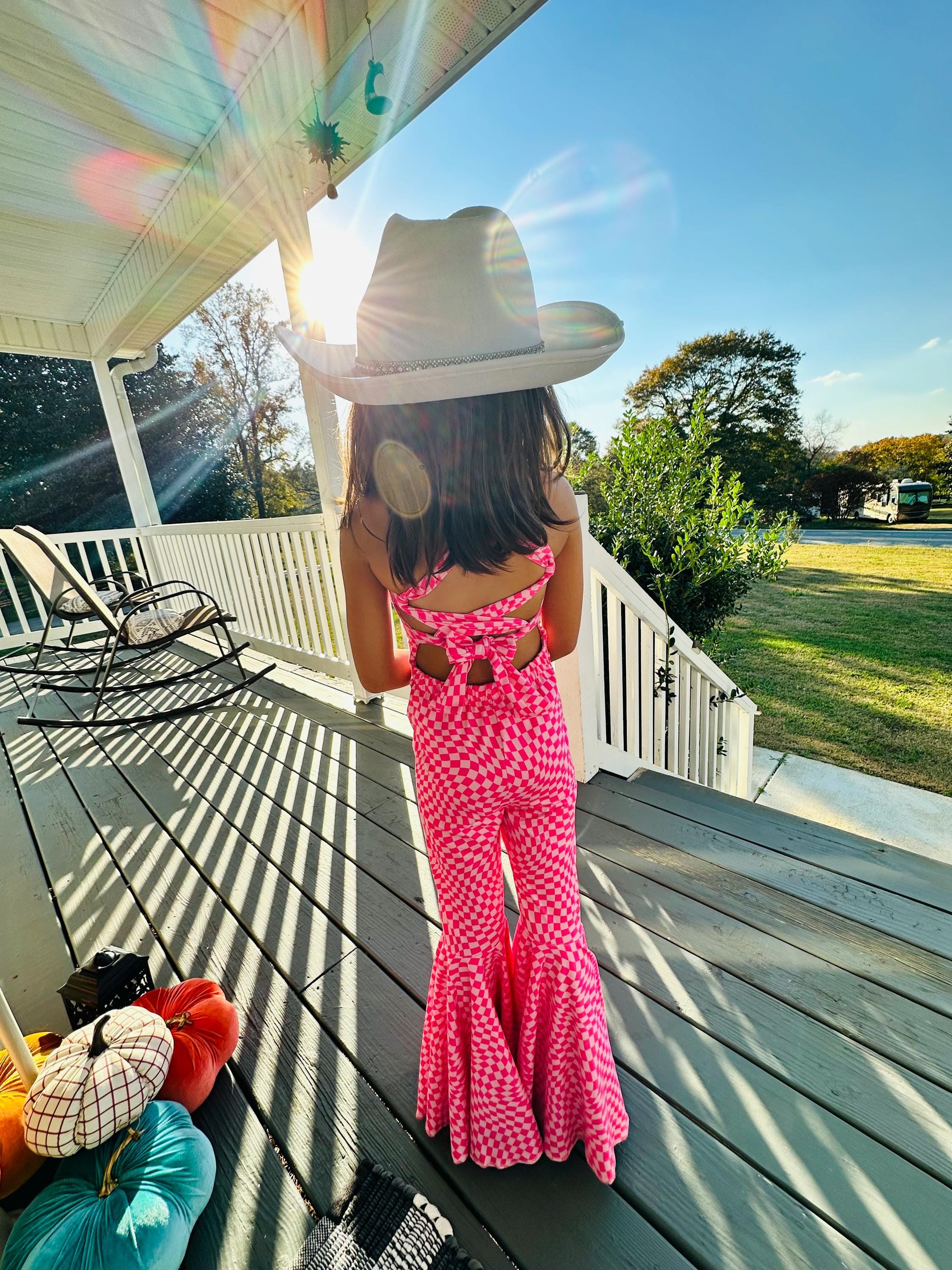 Pink Dizzy Checker Flare Bell Bottom Jumpsuit – Sizes Infant to Juniors ...