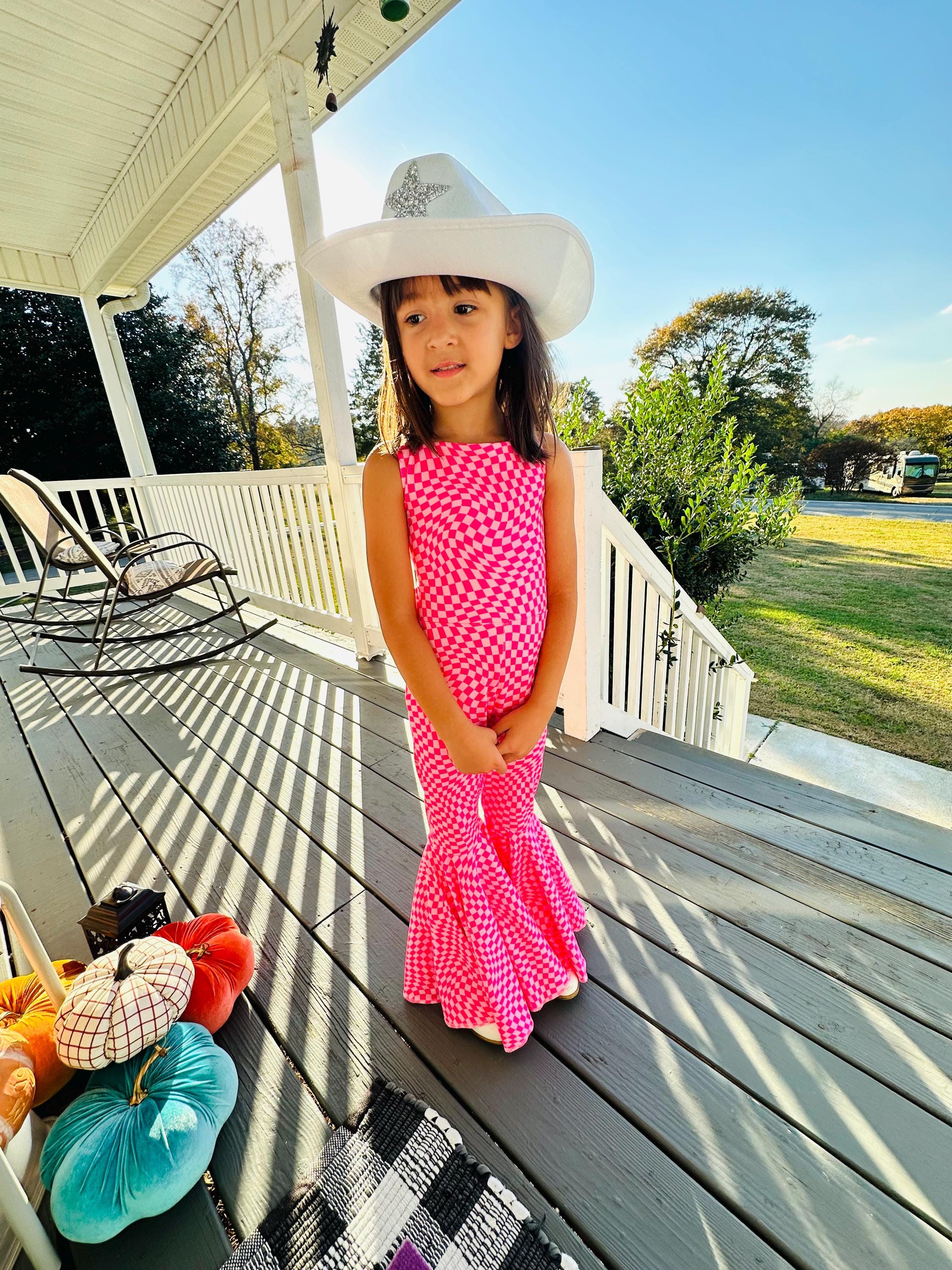 Pink Dizzy Checker Flare Bell Bottom Jumpsuit – Sizes Infant to Juniors ...