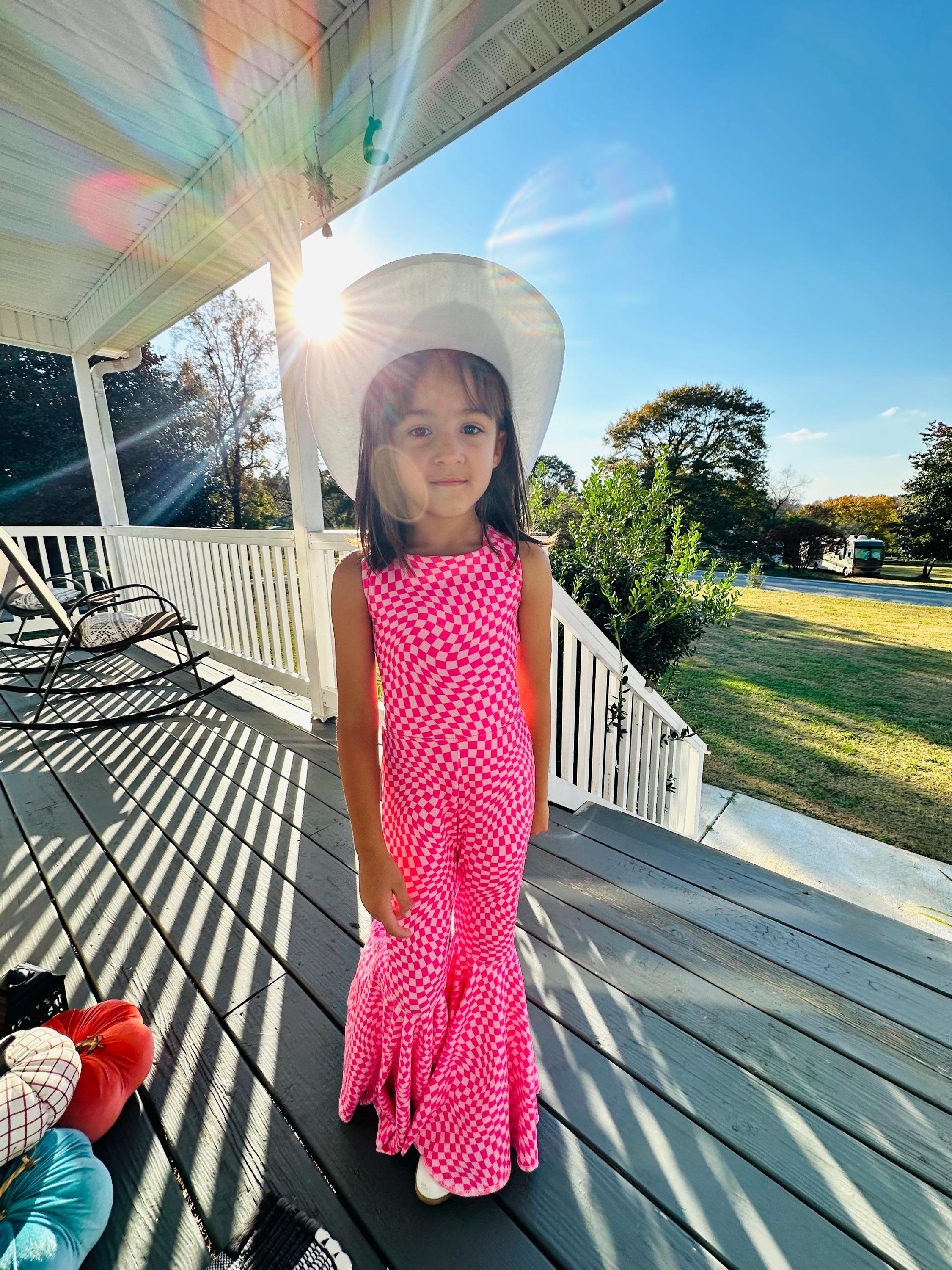 Pink Dizzy Checker Flare Bell Bottom Jumpsuit – Sizes Infant to Juniors ...
