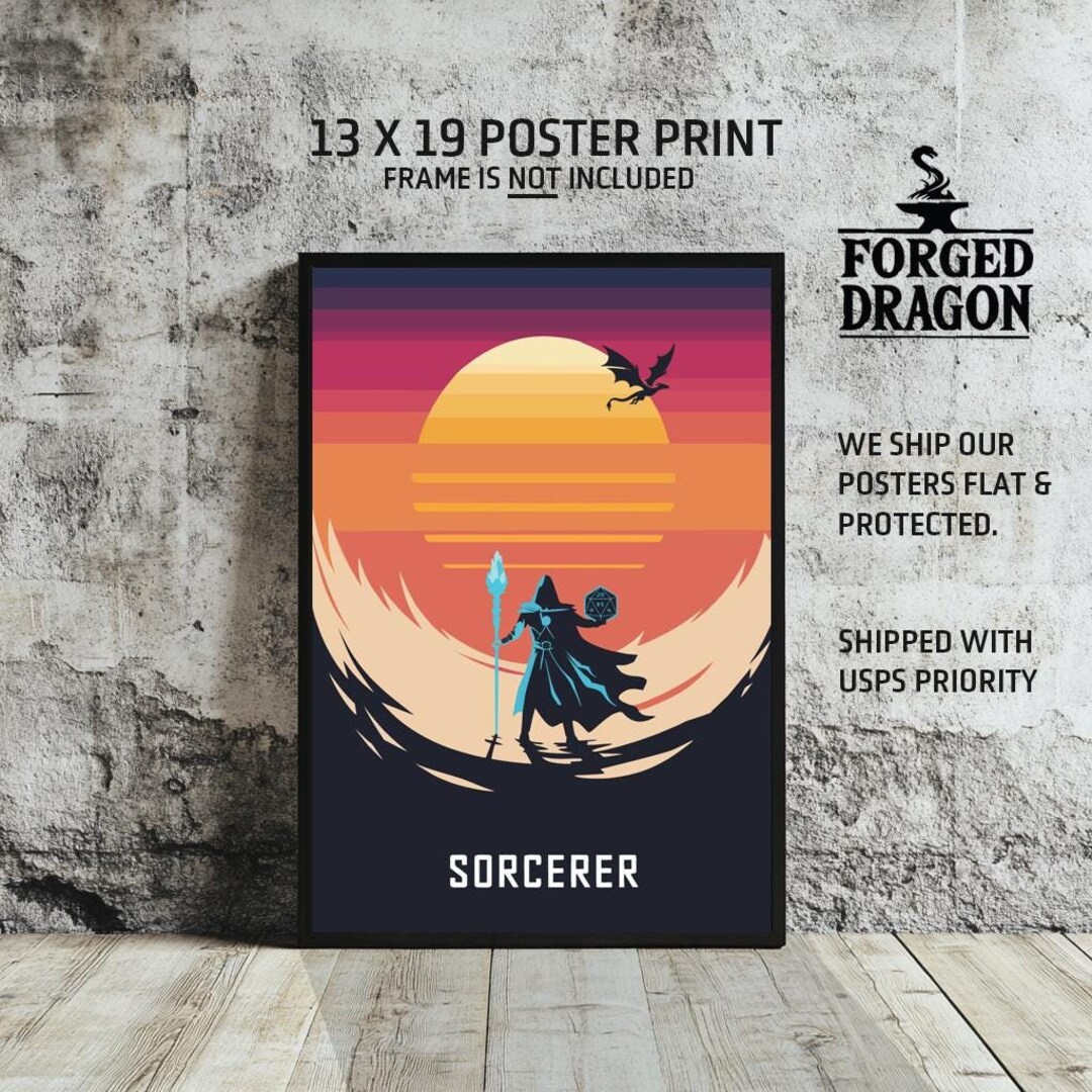 Dragon and Mage Fantasy Wall Art, Retro Sorcerer Poster Print, RPG ...