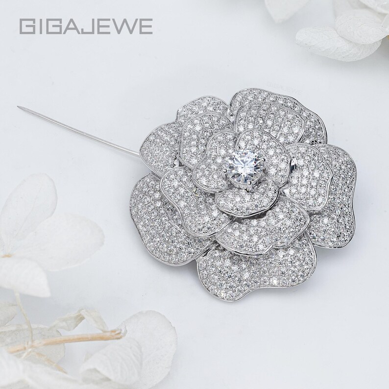 8ct DEF Moissanite Flower Brooch: 925 Silver Plated 18K White Gold - Etsy
