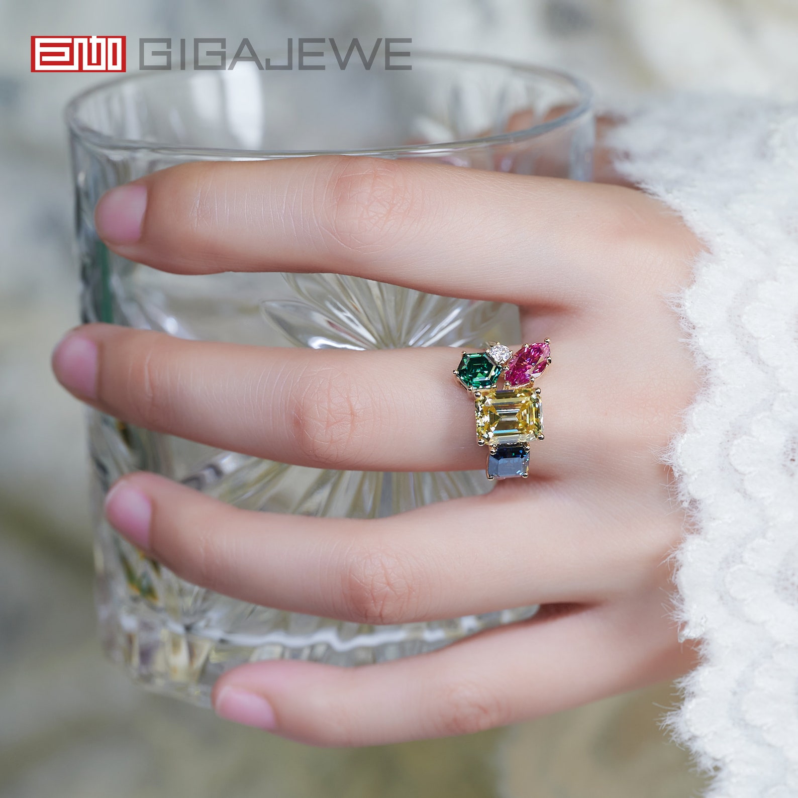 GIGAJEWE Emerald Cut Moissanite 9K Gold Engagement Ring, Yellow Green ...