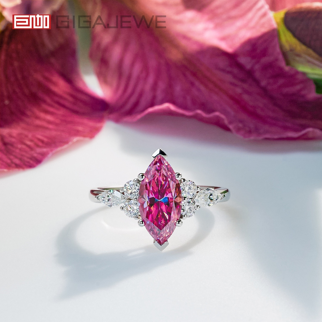 GIGAJEWE Pink Marquise Moissanite Engagement Ring, 9K White Gold - Etsy