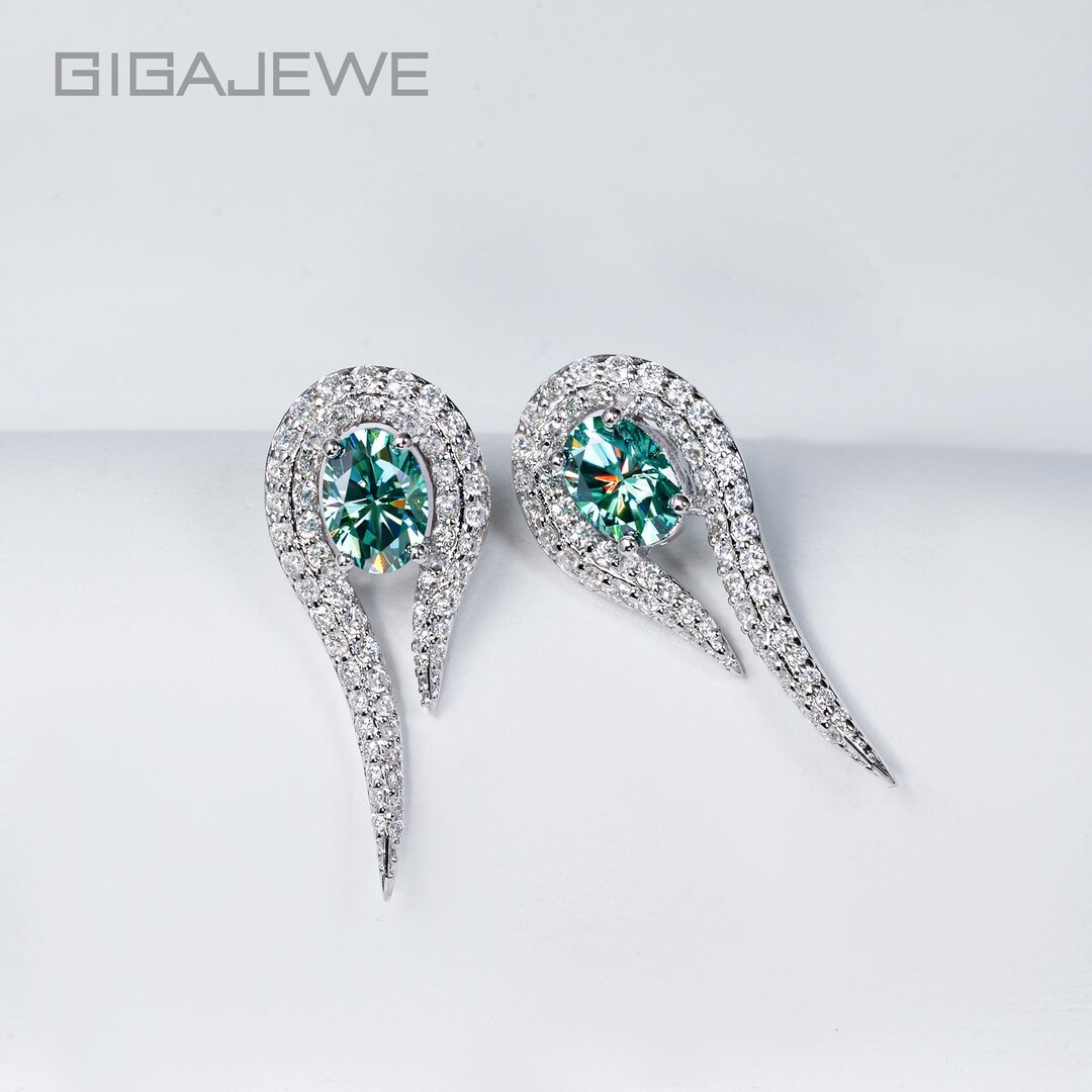 GIGAJEWE Total 2.82ct Moissanite 5*7mm Green Oval Cut L Earring Stud ...