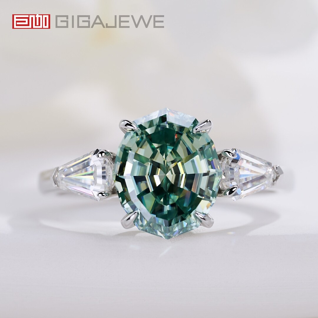 Cyan Moissanite Engagement Ring, 3.0ct Oval Step Cut, 9K White Gold - Etsy