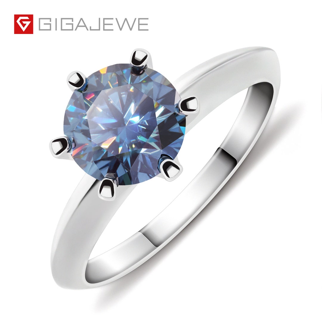 2ct White Gold 9K/14K/18K Ring 8mm Round Cut Blue Color Moissanite Ring ...