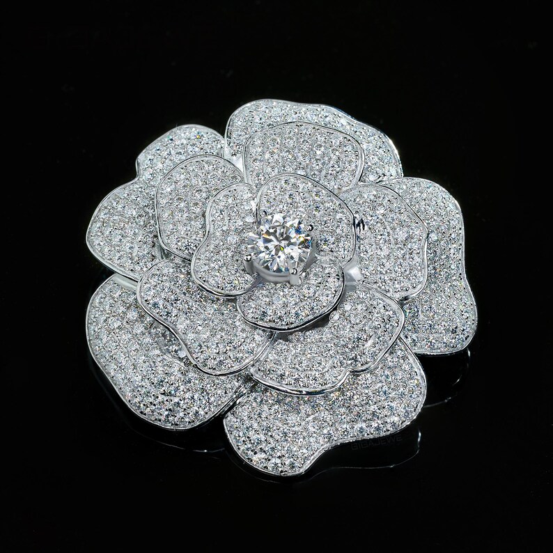 8ct DEF Moissanite Flower Brooch: 925 Silver Plated 18K White Gold - Etsy