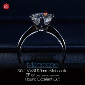 3ct 925 Sterling Silver Round Cut DE Color Moissanite With Set Six-claw Wedding Rings Free ...