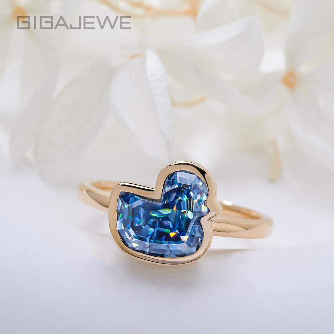 Duck Cut Blue Moissanite Ring: 9K Yellow Gold Engagement Ring - Etsy