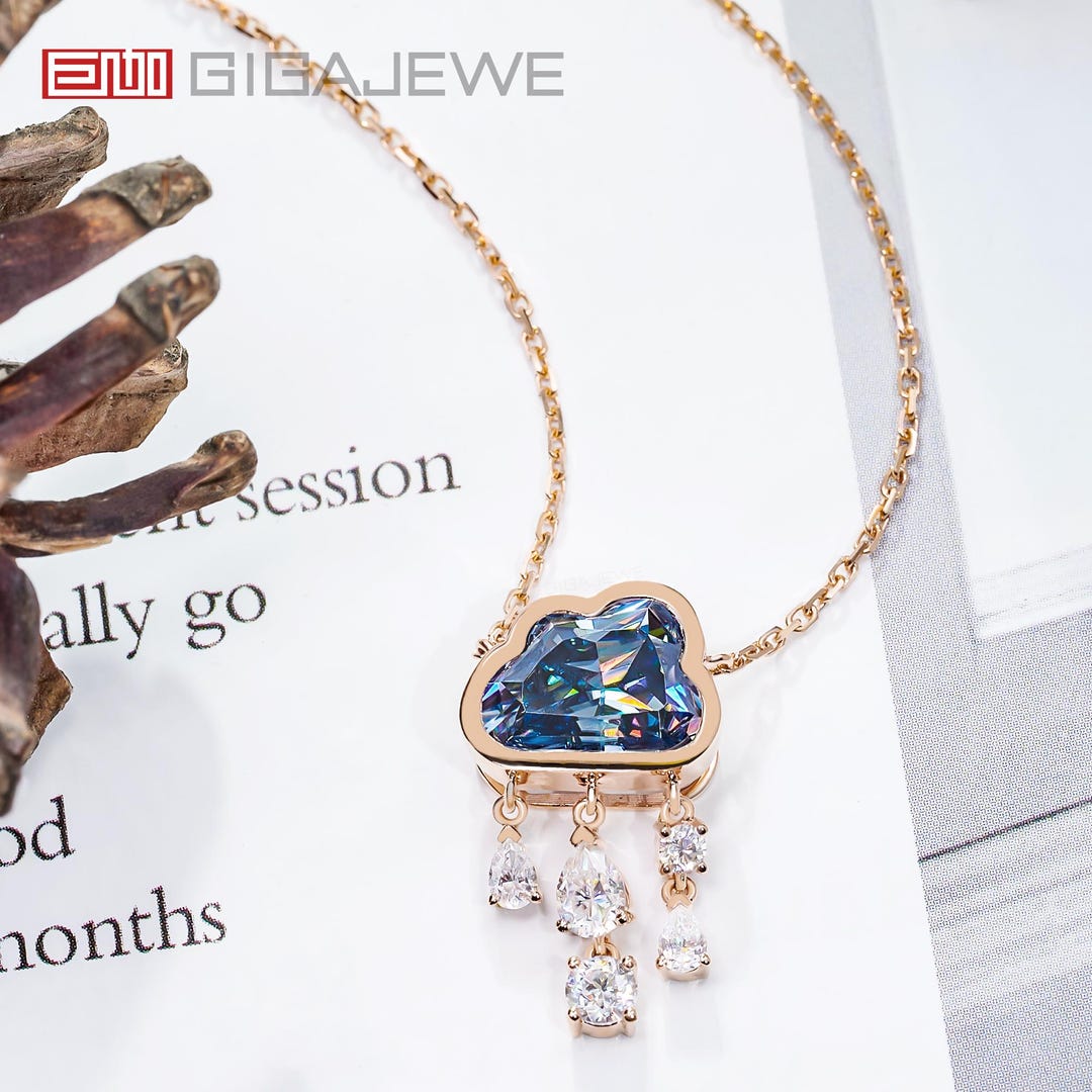 Rose Gold Cloud Moissanite Necklace: Blue Gemstone Raindrop Pendant - Etsy