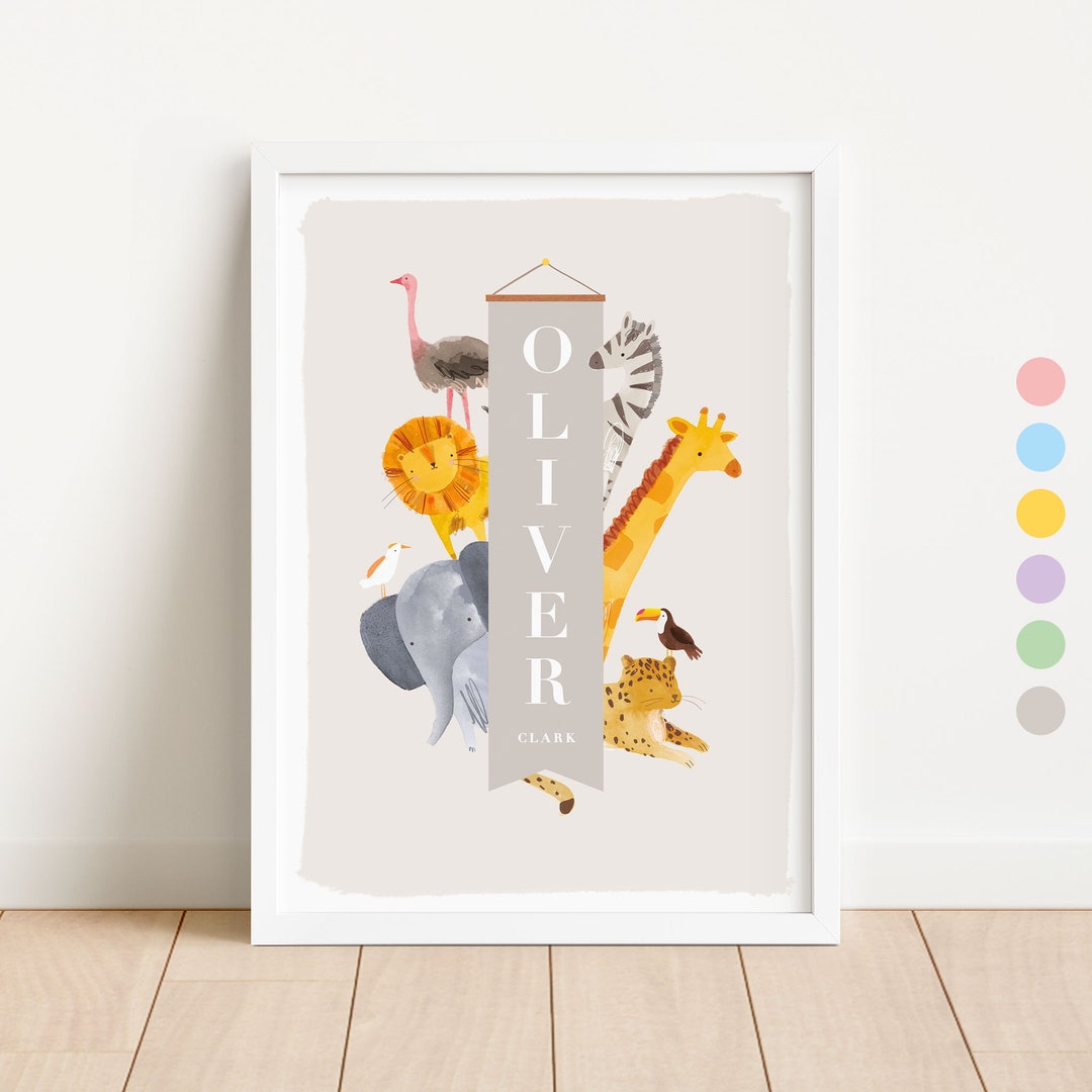 Personalised Name Safari Animals & Banner Print, Custom Childrens Name ...