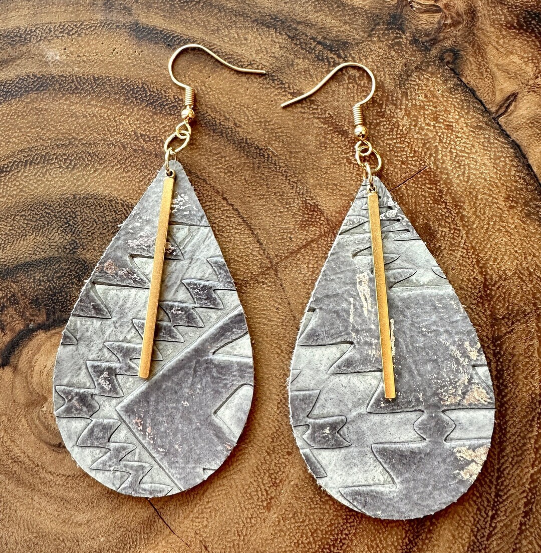 Tanya Leather Brass Bar Teardrop Collection Tooled Silver - Etsy