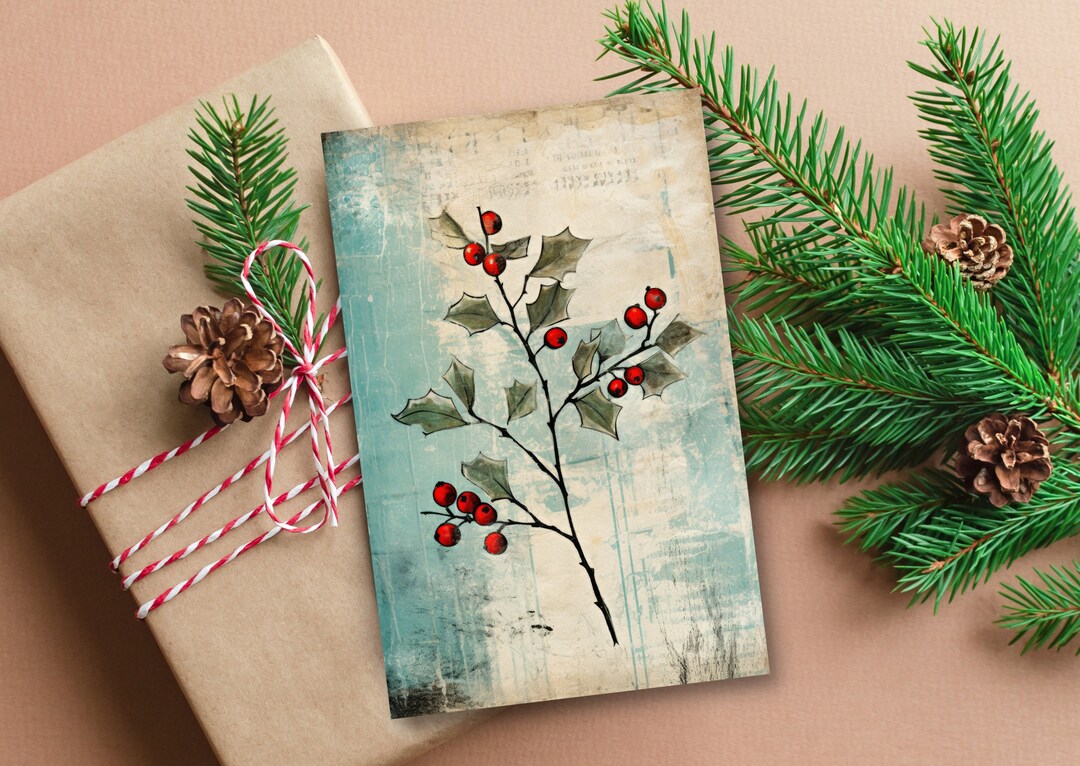 Christmas Card Delicate Ilex Branches High-quality Postcard Linen Look ...