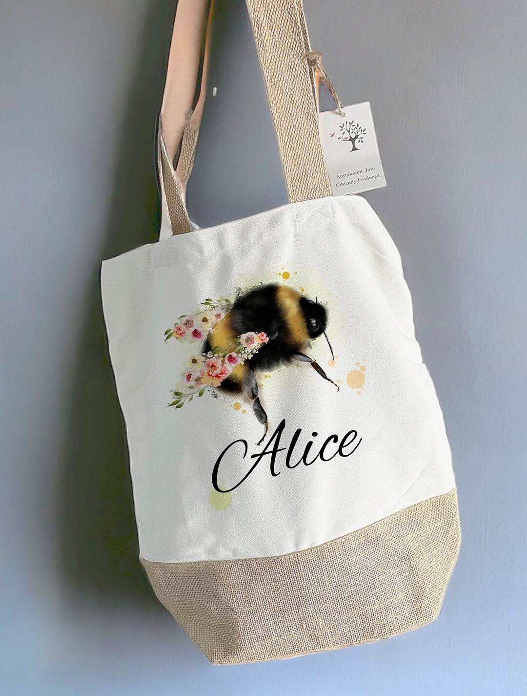 Personalised Bee Tote Bag, Jute Tote Bag, Bumble Bee, Floral Winged Bee ...