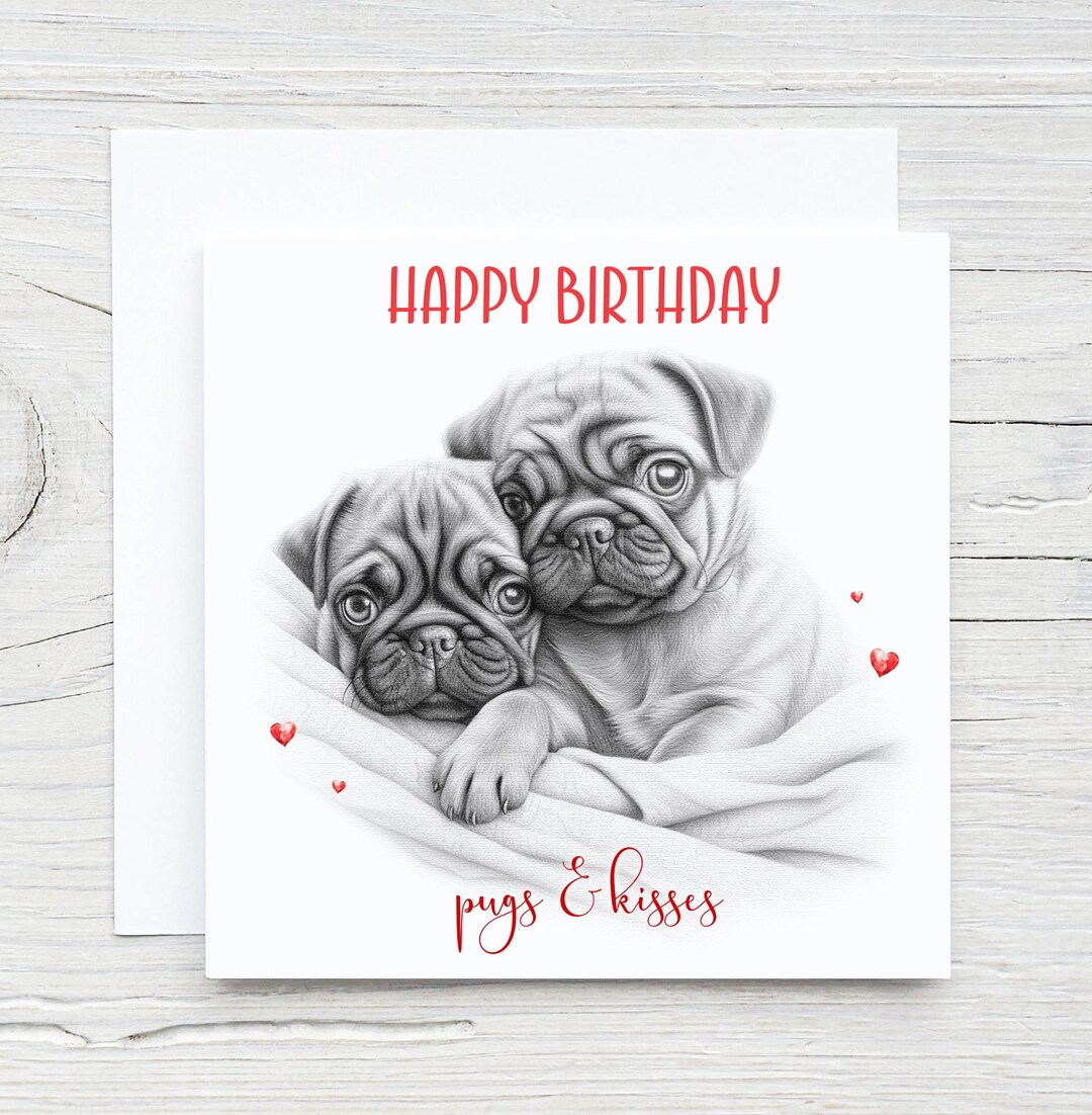 Sketchy Pugs Birthday Card, Pug Pair Card, Pugs Card, Wedding ...