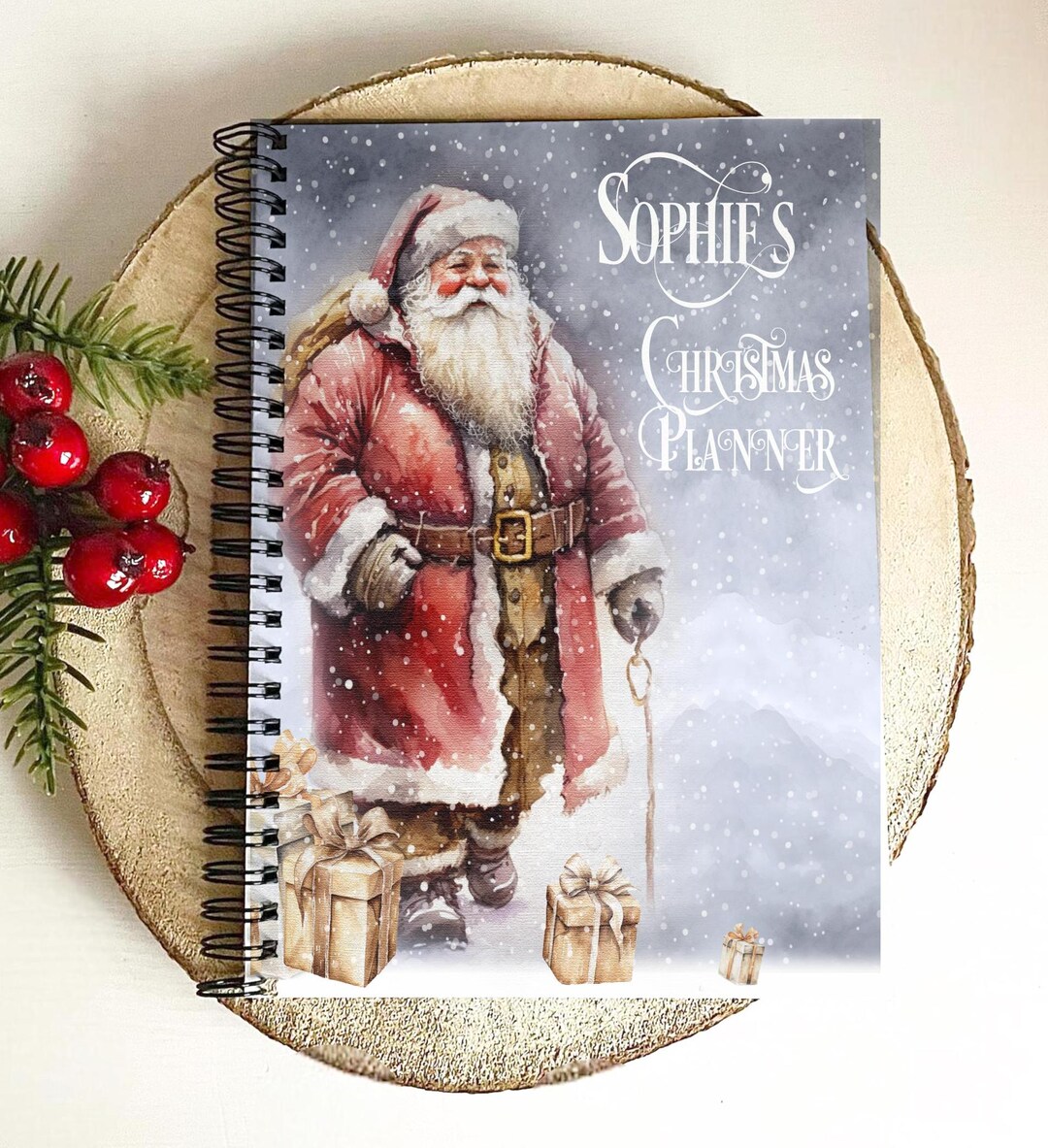 Personalised Christmas Planner, Christmas Notebook, Vintage Style Santa ...