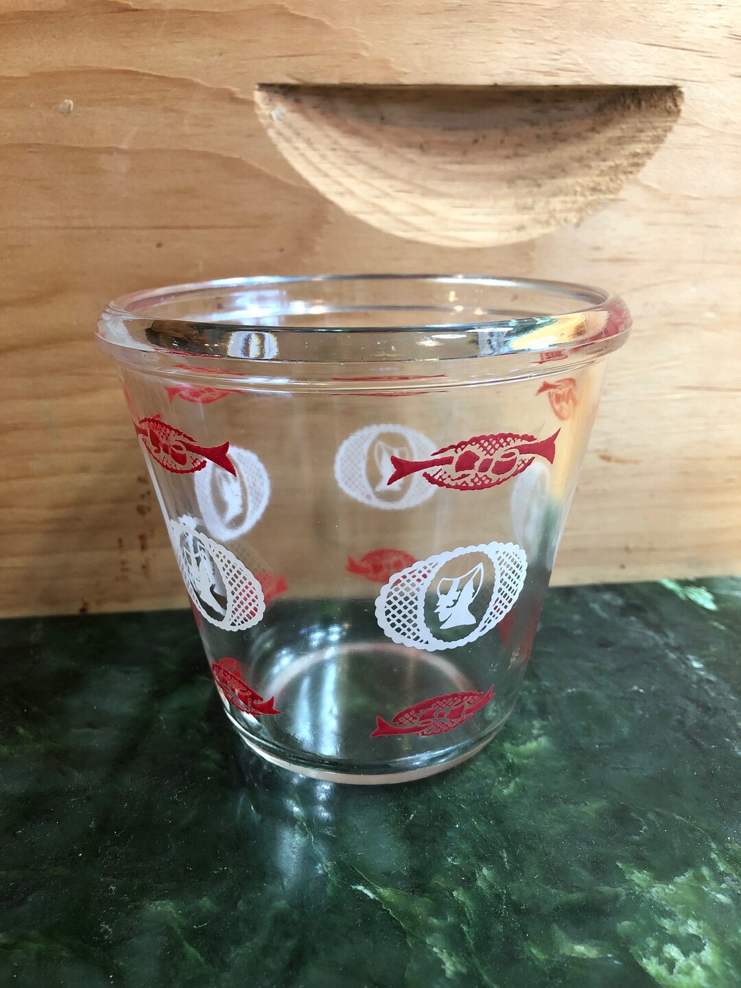 Vintage White Bonnet Mini Ice Bucket, Clear Glass With Red Ribbons and ...